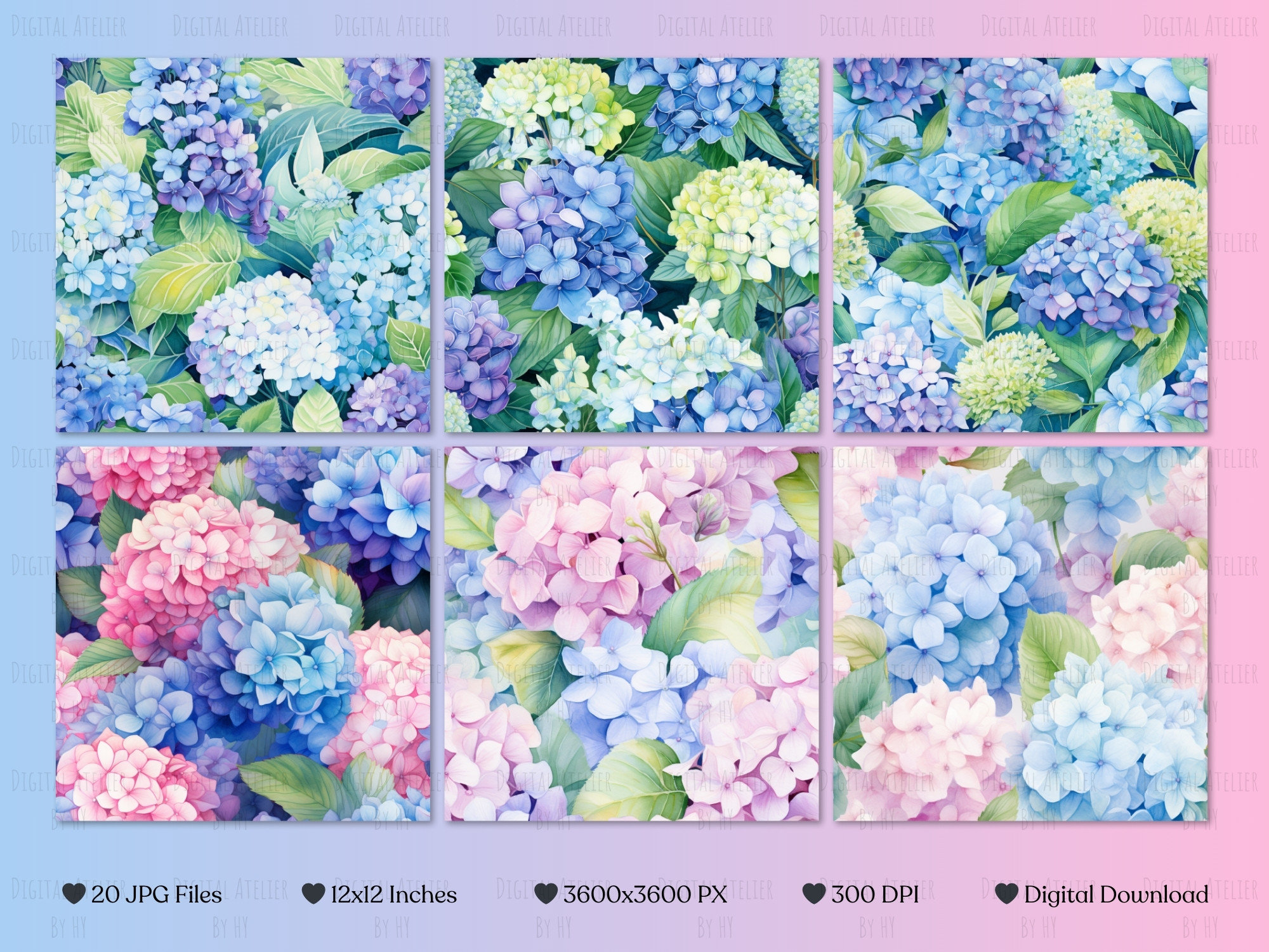 Seamless Hydrangea Digital Paper Pack. Blue and Pink. Digital Download ...