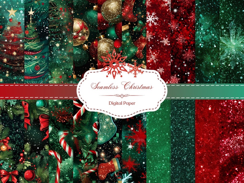 Seamless Christmas Glitter - Red and Green Digital Paper Pack. Digital ...