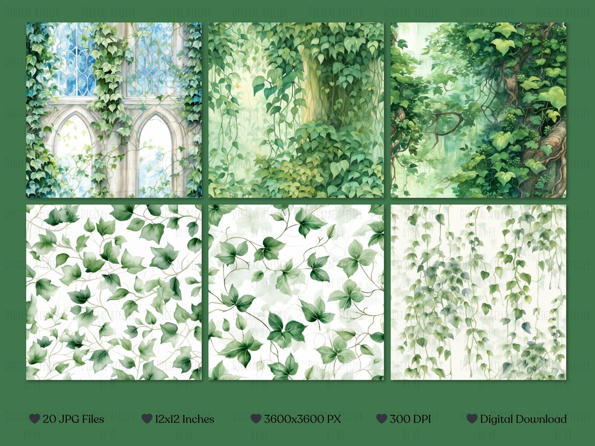 Seamless Ivy Plant Digital Paper Pack. Green. Digital Download. - Etsy