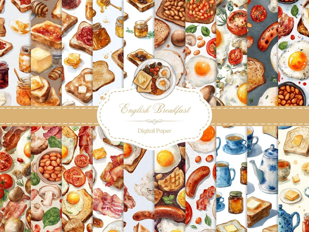 Seamless English Breakfast Digital Papers | Watercolor Food Patterns - Etsy