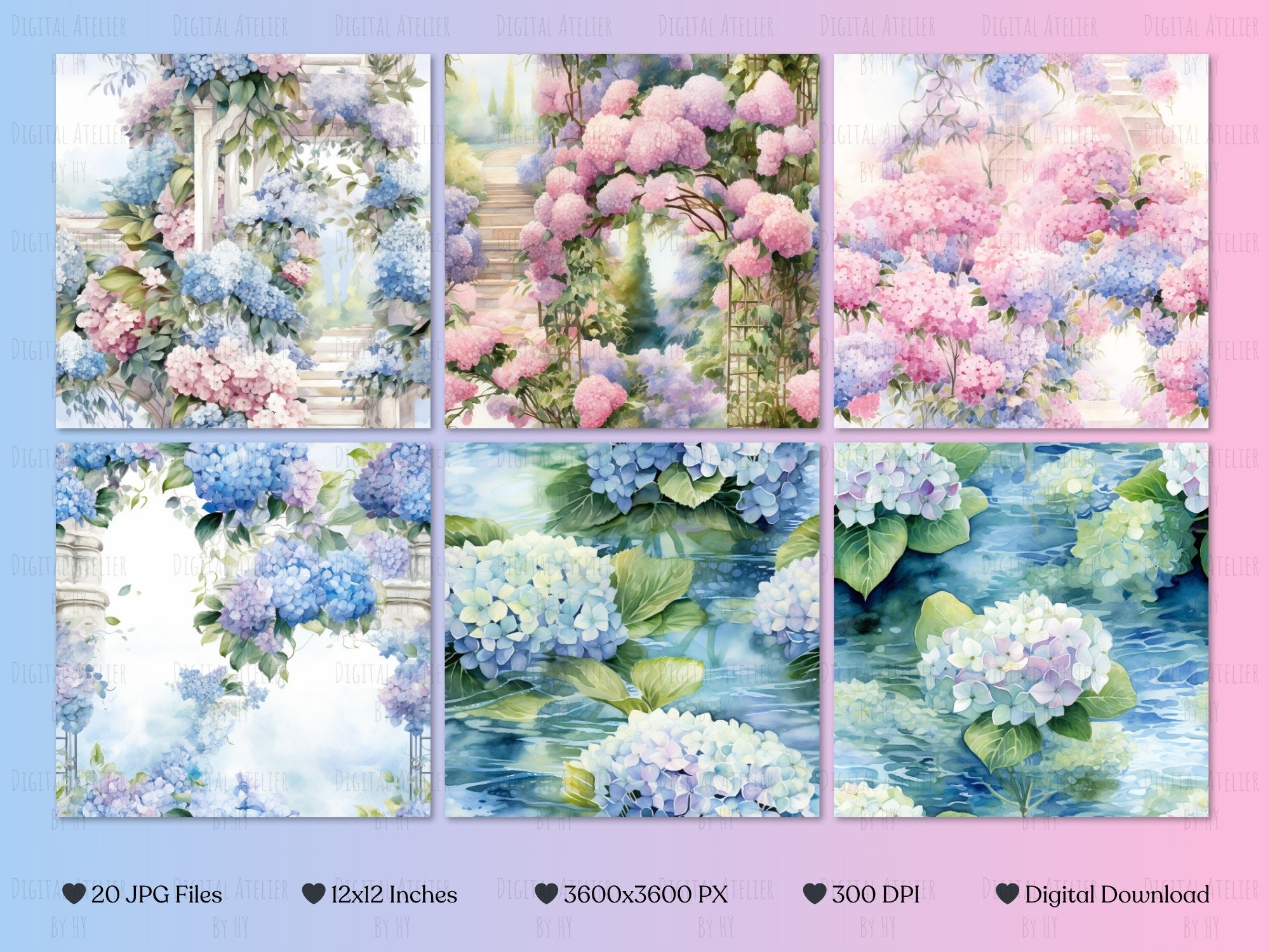 Seamless Hydrangea Digital Paper Pack. Blue and Pink. Digital Download ...