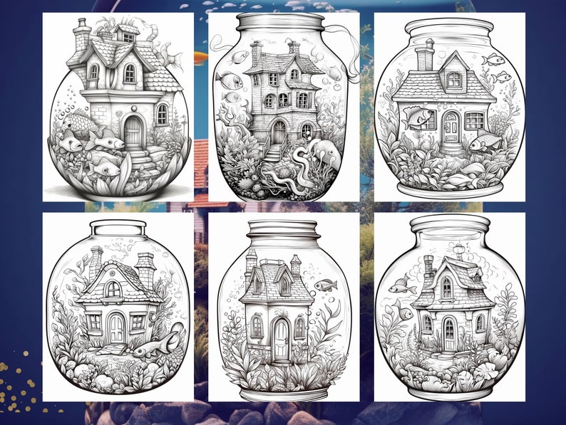 24 Fish Tank House Coloring Book Adults Kids Coloring Pages, Instant ...