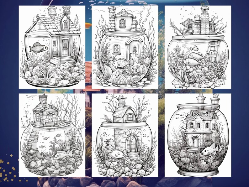 24 Fish Tank House Coloring Book Adults Kids Coloring Pages, Instant ...