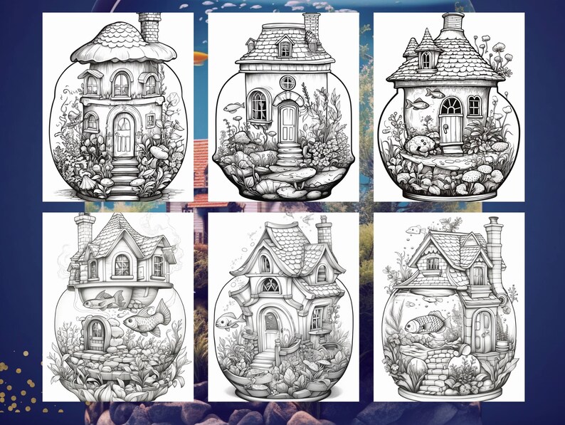 24 Fish Tank House Coloring Book Adults Kids Coloring Pages, Instant ...