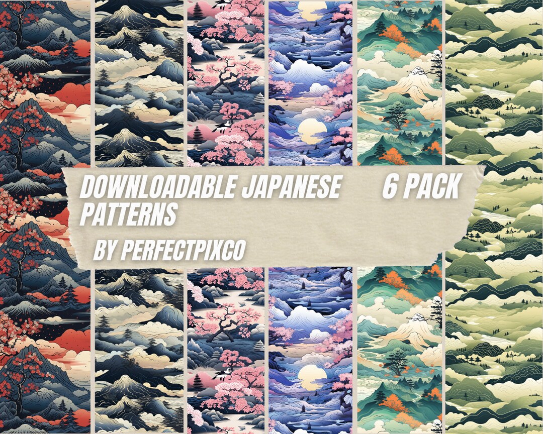 Digital Japanese Landscape Patterns, Digital Asset, 6 Unique Variants ...