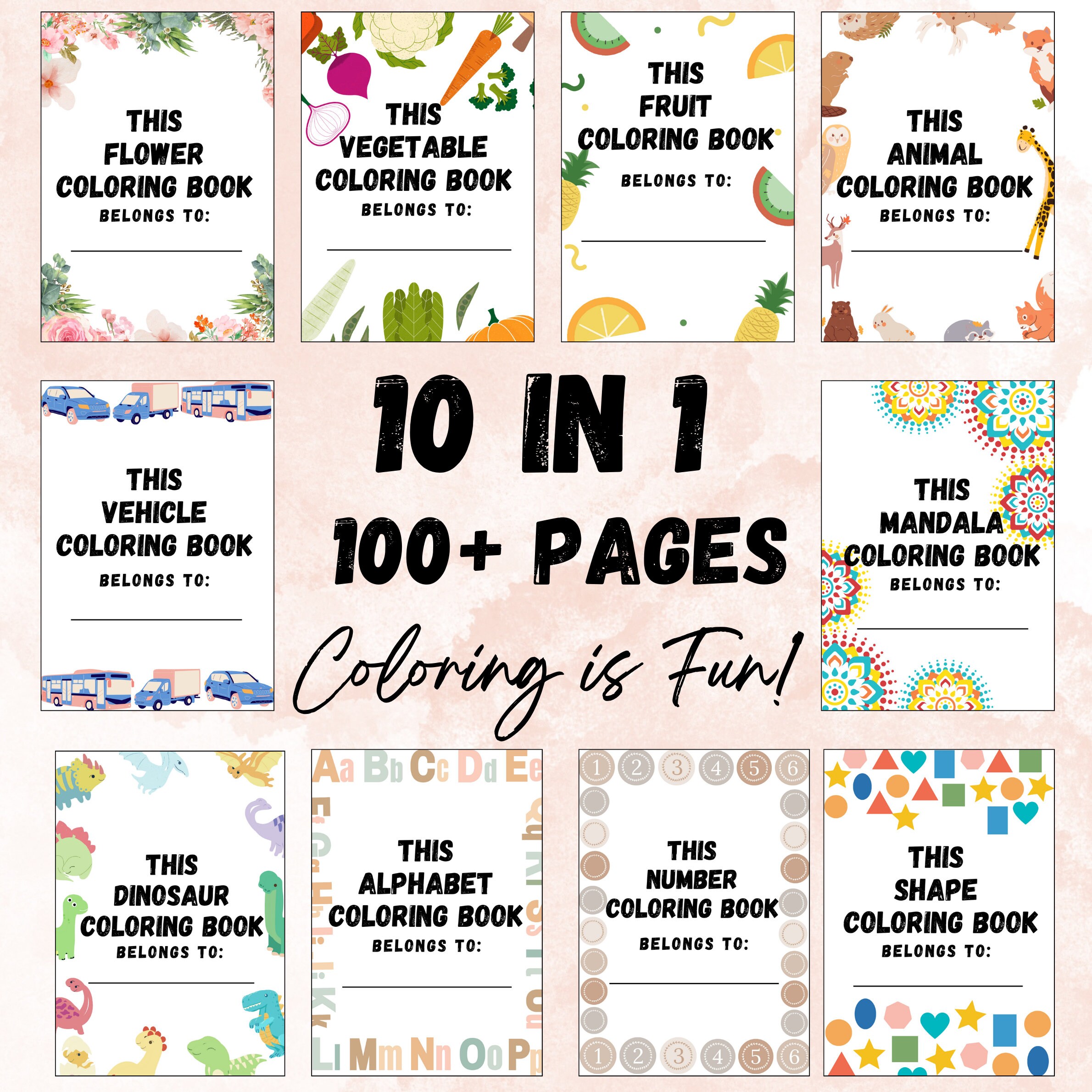 10 in 1 Coloring Book Pages Printable Pdf 100 Pages - Etsy