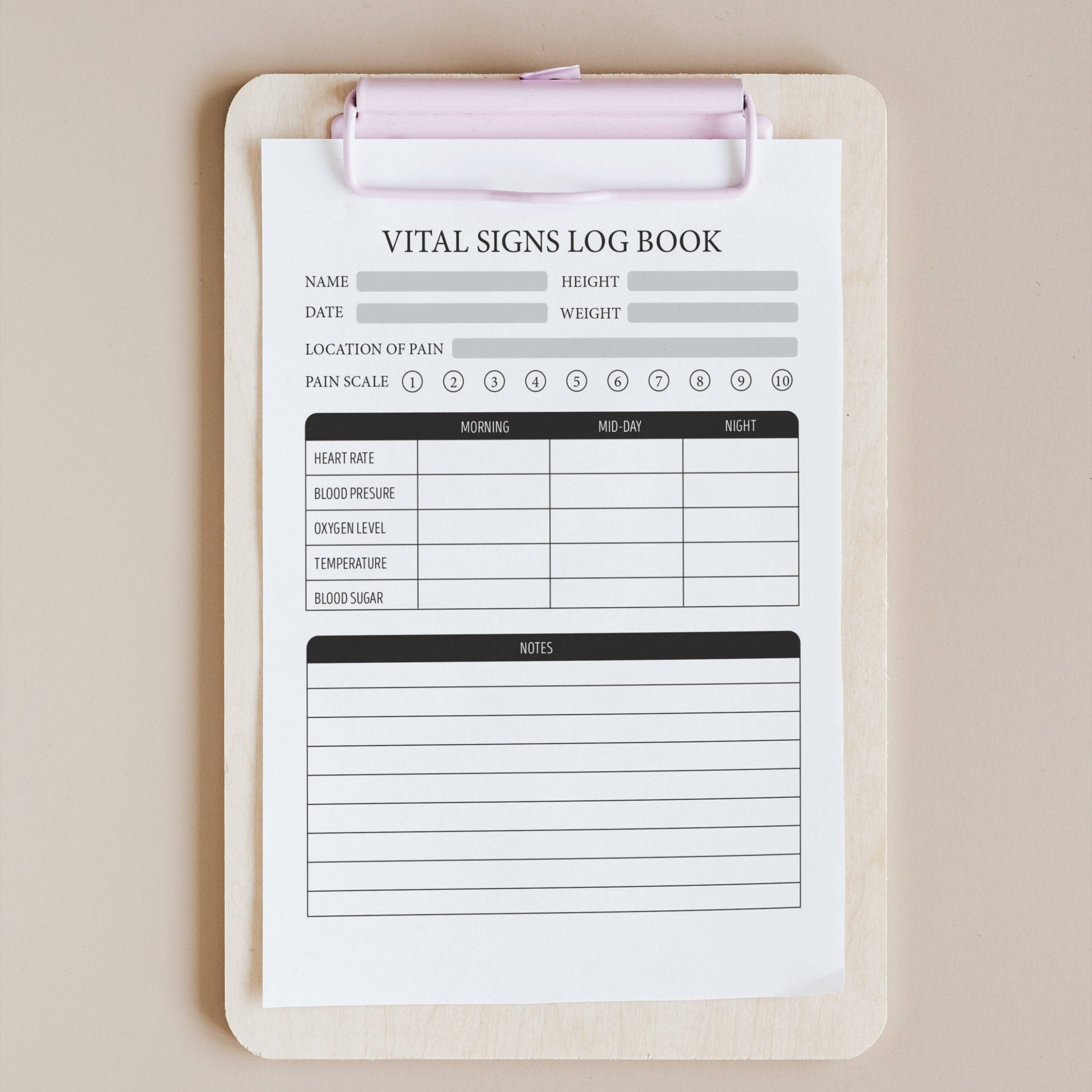 Printable Vital Signs Log Book, Heart Rate Tracker, Blood Pressure Log ...