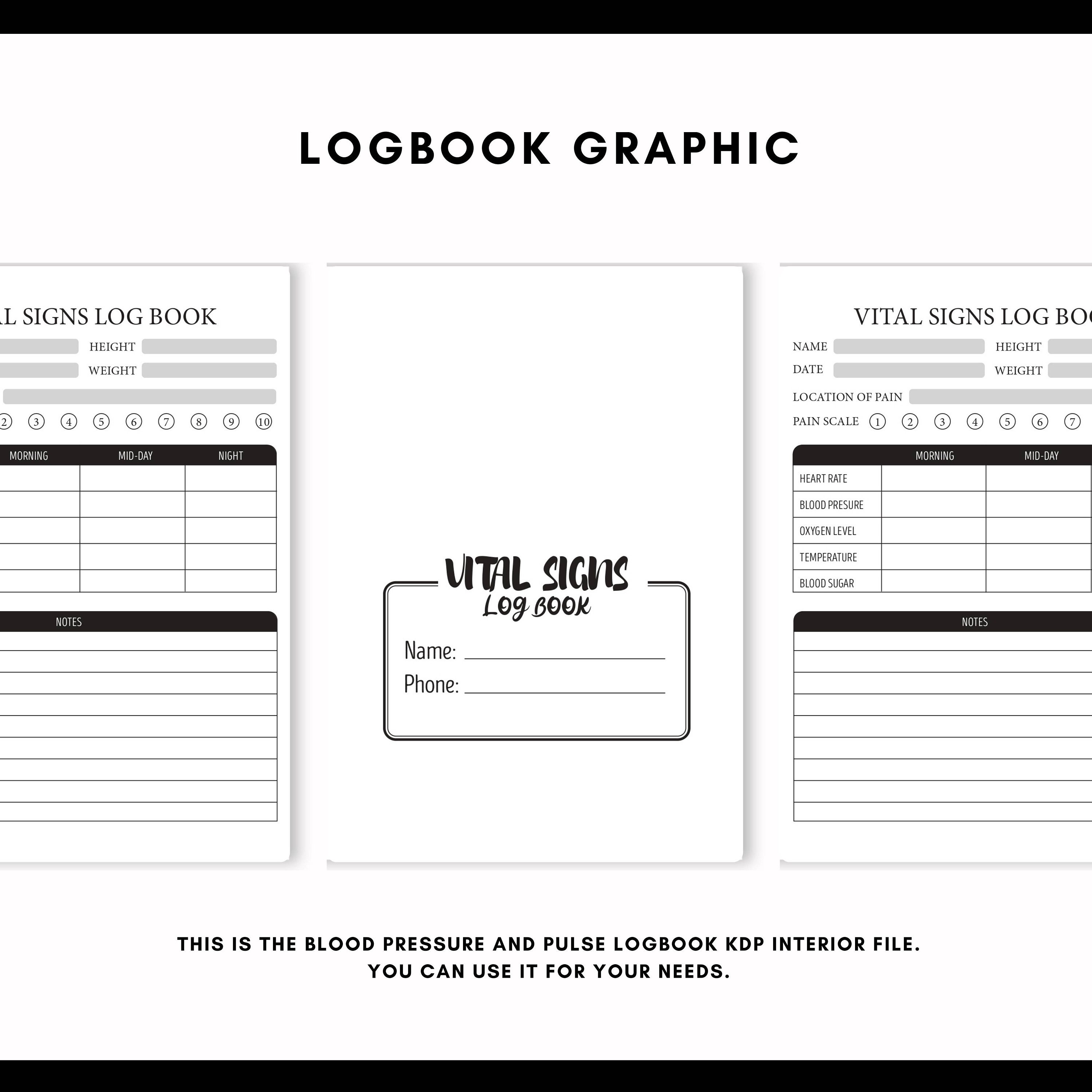 Printable Vital Signs Log Book, Heart Rate Tracker, Blood Pressure Log ...