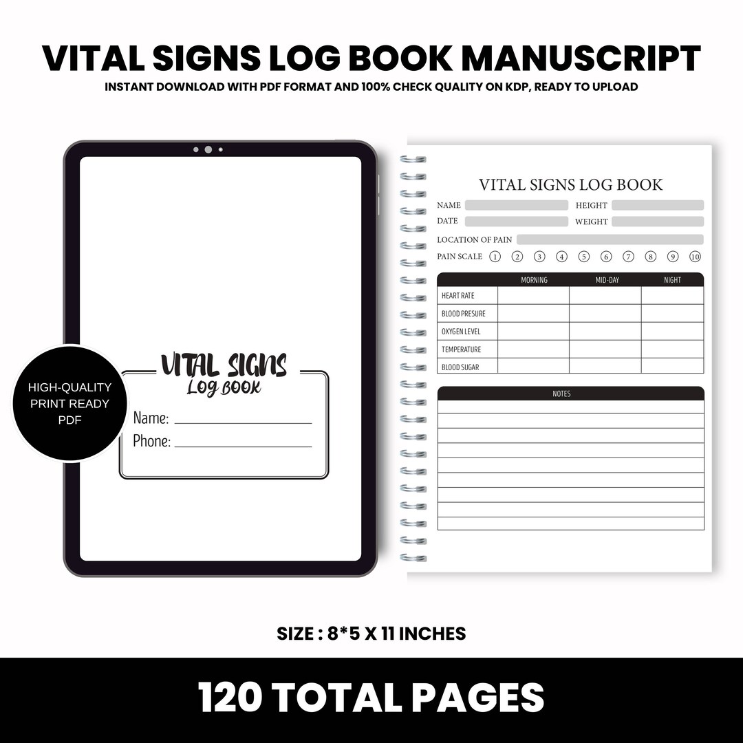 Printable Vital Signs Log Book, Heart Rate Tracker, Blood Pressure Log ...