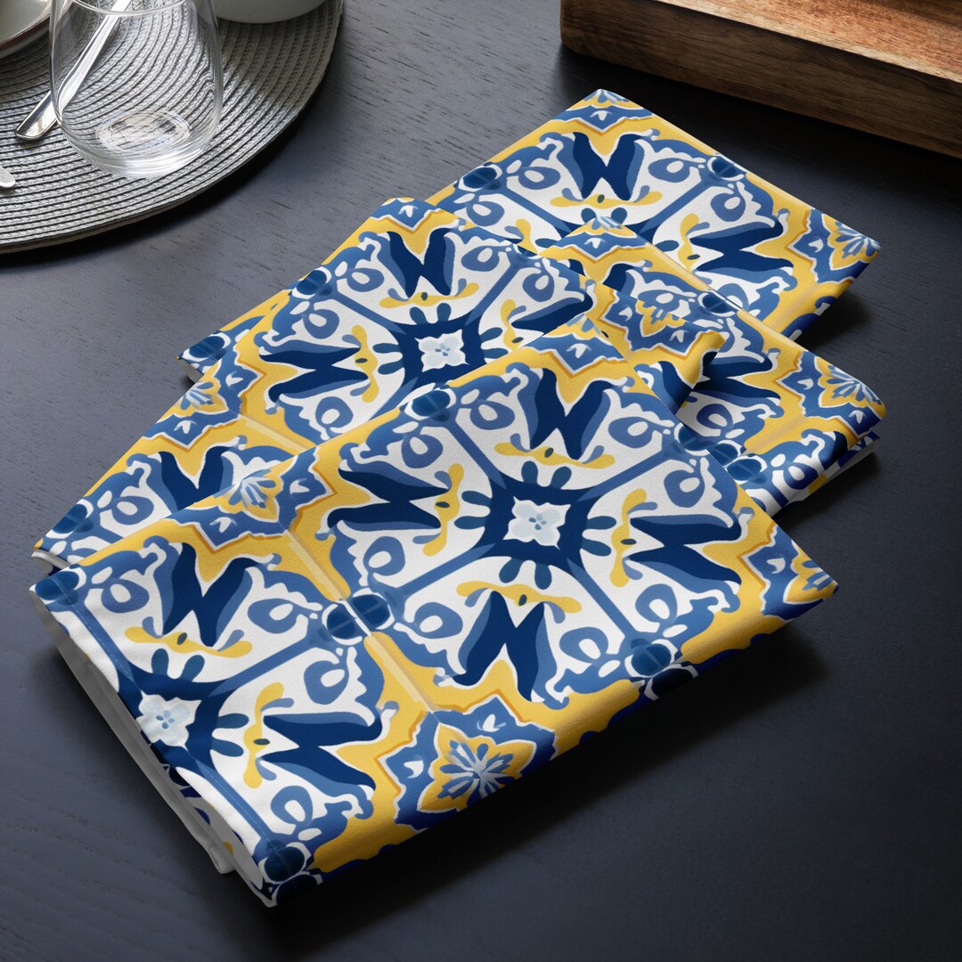 Classic Napkin Set of 4 Soft White With Yellow Blue Mediterranean ...