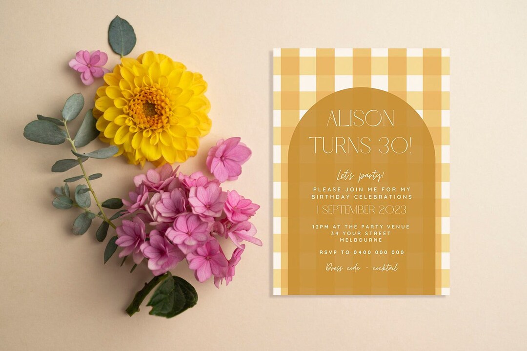 Editable Birthday Invitation Gingham Arch Turmeric Yellow Bright Gold ...