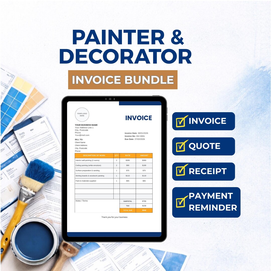 Painter & Decorator Invoice Bundle | Invoice, Quote, Receipt and ...