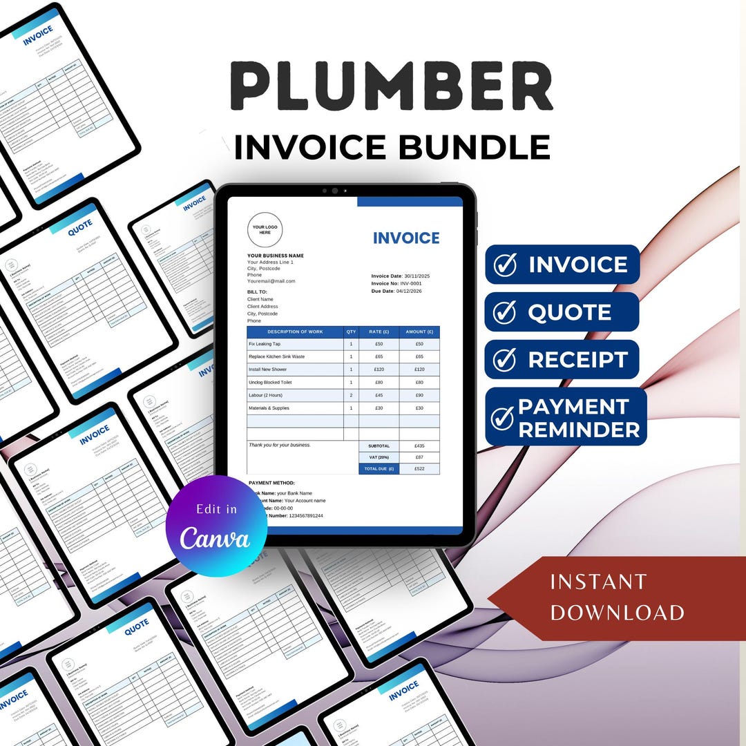 Plumber Invoice Bundle | Invoice, Quote, Receipt & Payment Reminder ...