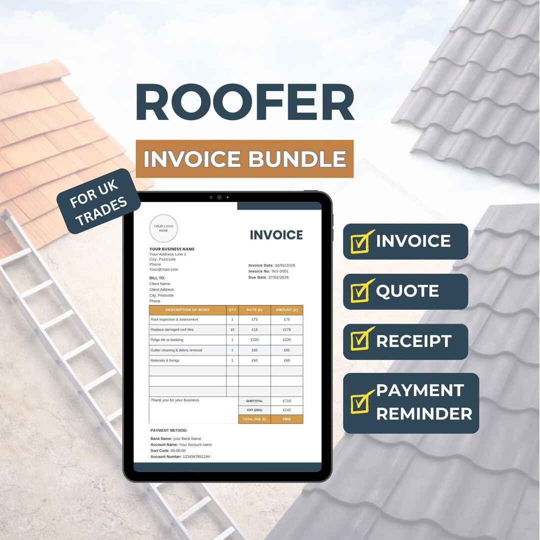 Roofer Invoice Bundle | Invoice, Quote, Receipt & Payment Reminder | UK ...