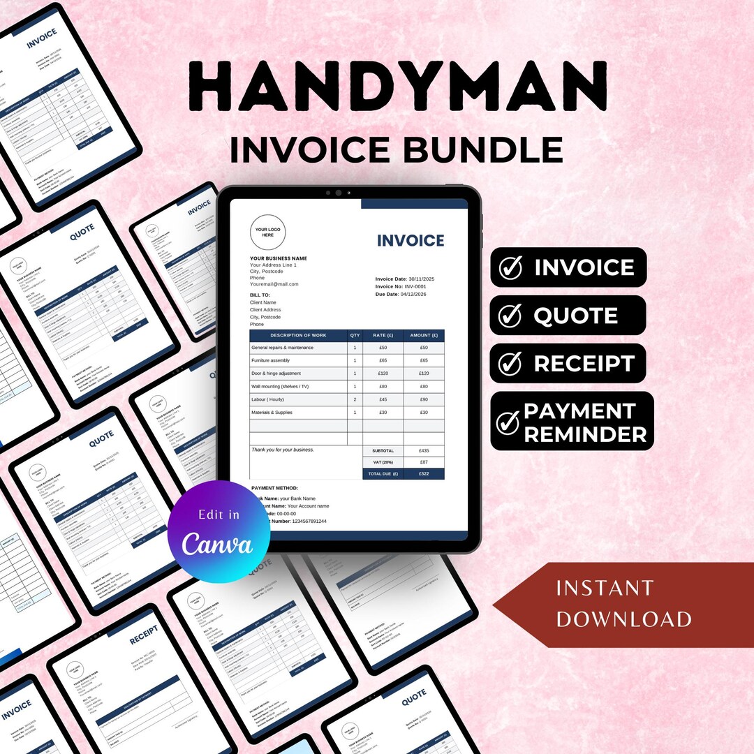 Handyman Invoice Bundle | Invoice, Quote, Receipt & Payment Reminder ...
