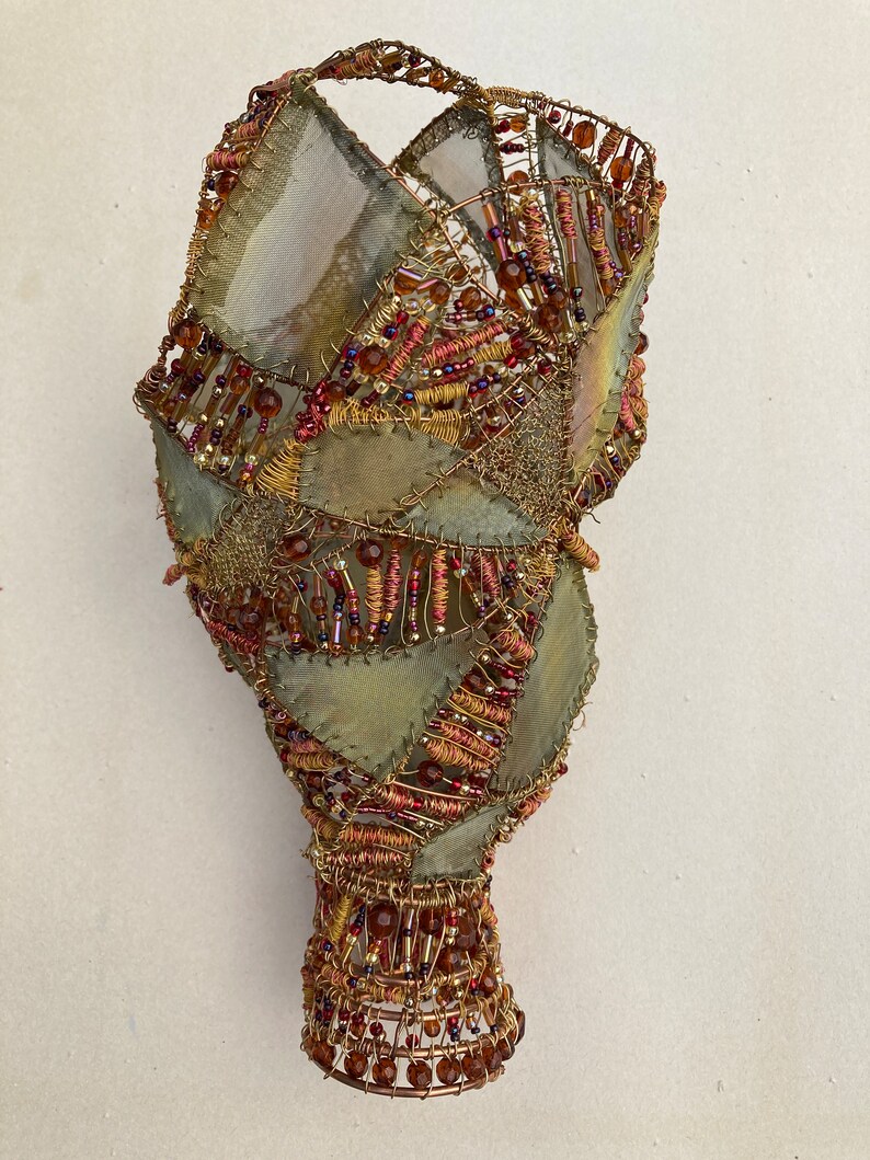 Gold Beaded Vessel With Copper Wire Frame, Metallic Fabric Inserts and ...