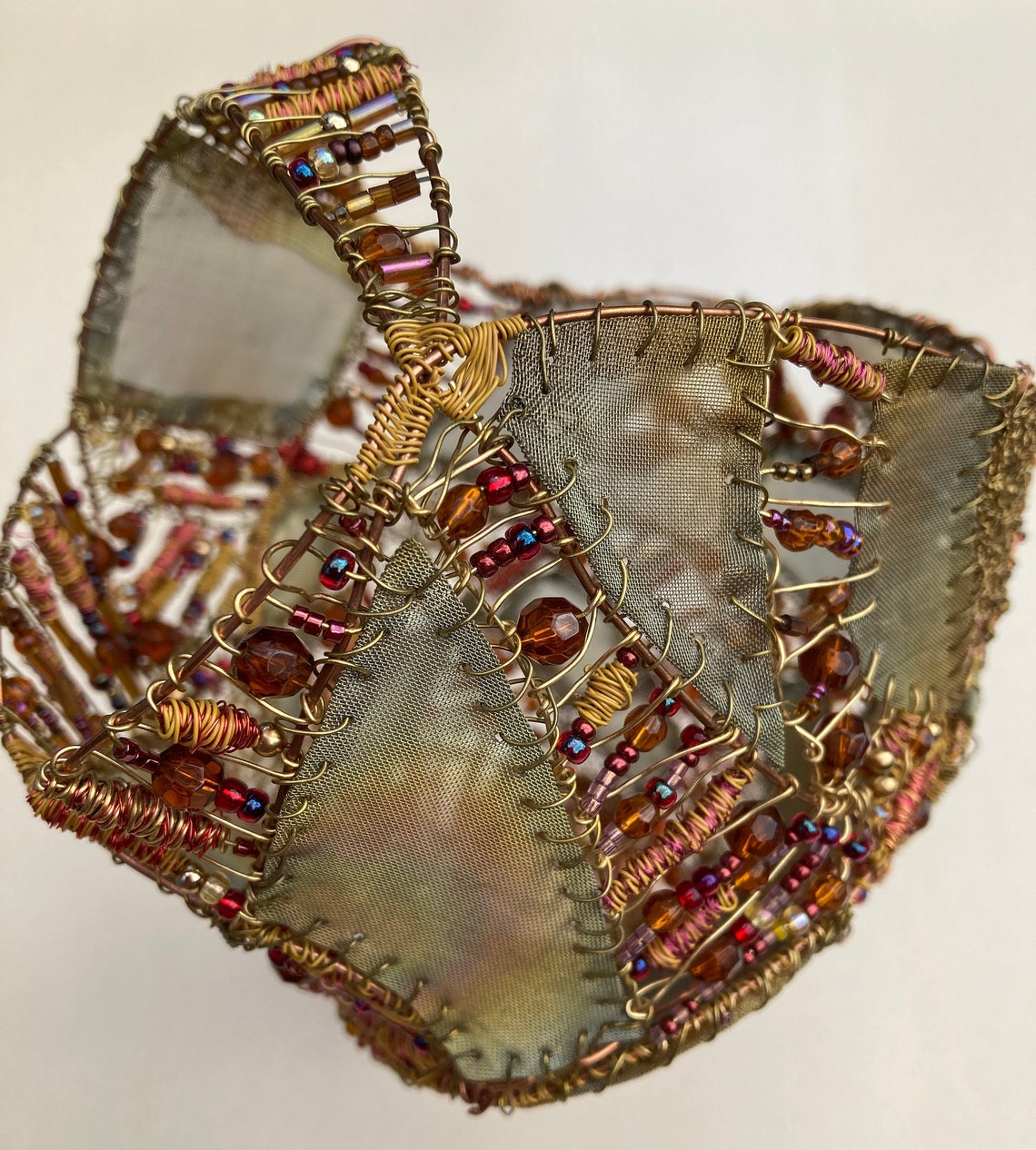 Gold Beaded Vessel With Copper Wire Frame, Metallic Fabric Inserts and ...