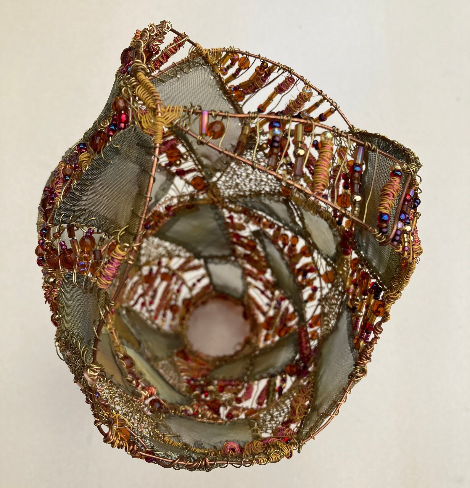 Gold Beaded Vessel With Copper Wire Frame, Metallic Fabric Inserts and ...