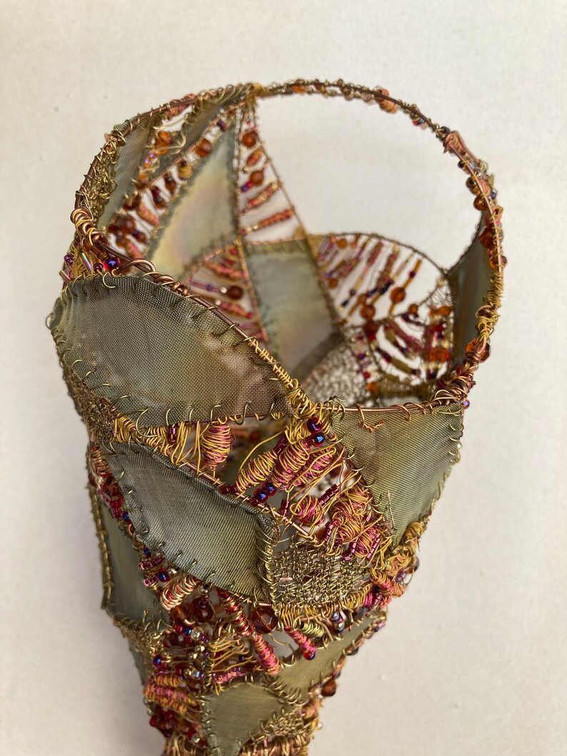 Gold Beaded Vessel With Copper Wire Frame, Metallic Fabric Inserts and ...