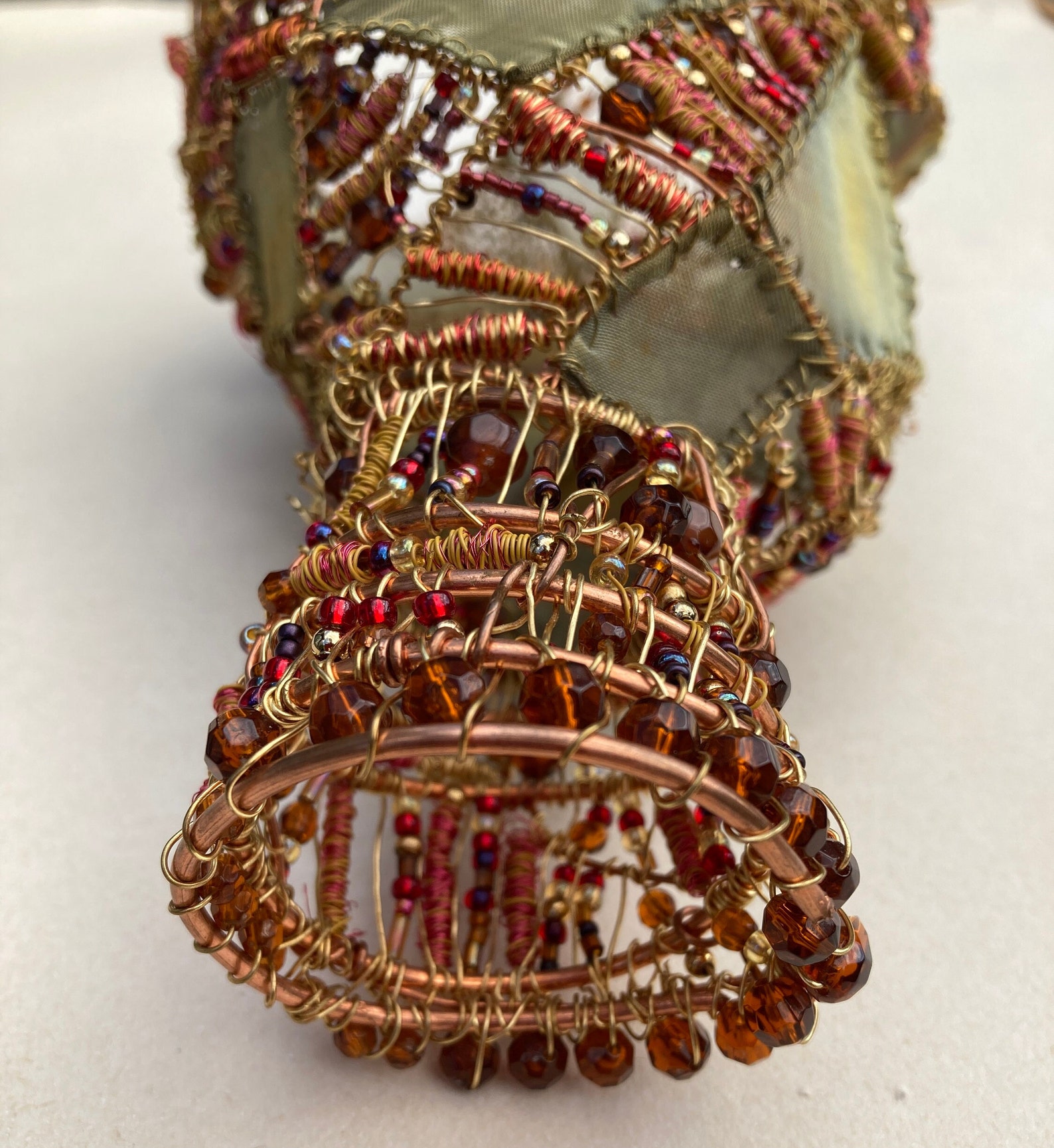Gold Beaded Vessel With Copper Wire Frame, Metallic Fabric Inserts and ...