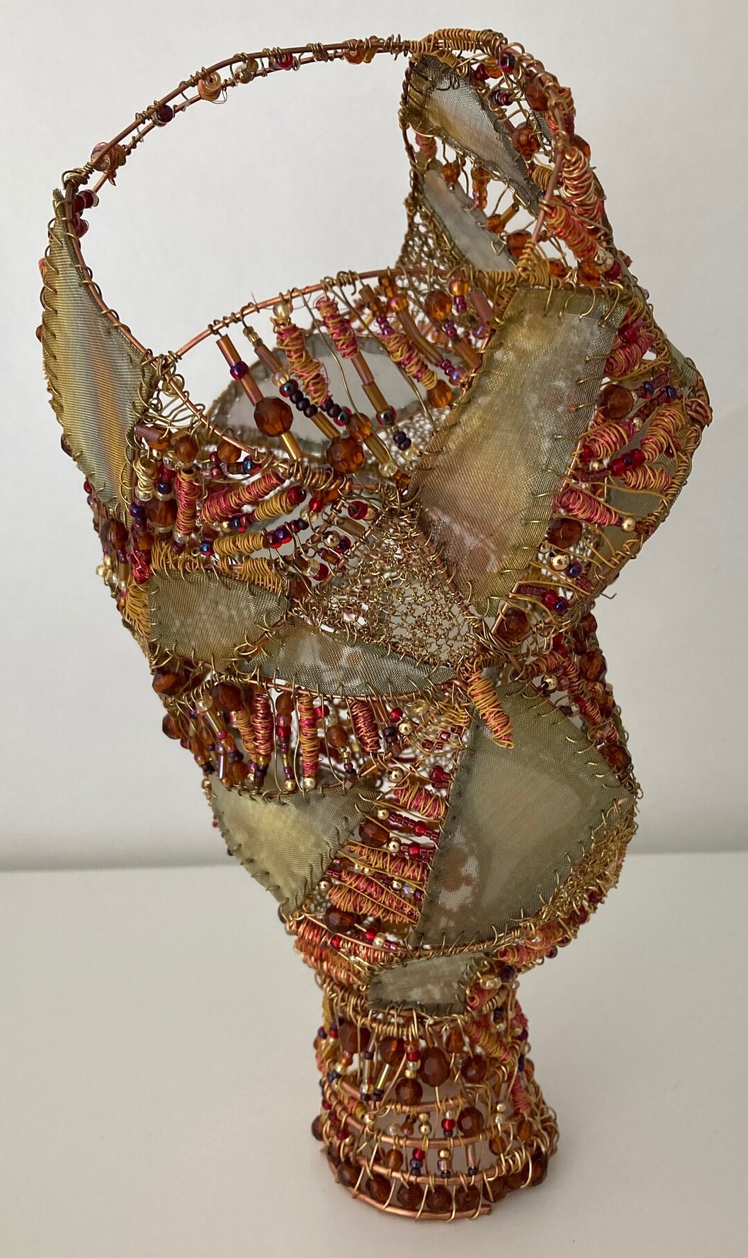 Gold Beaded Vessel With Copper Wire Frame, Metallic Fabric Inserts and ...