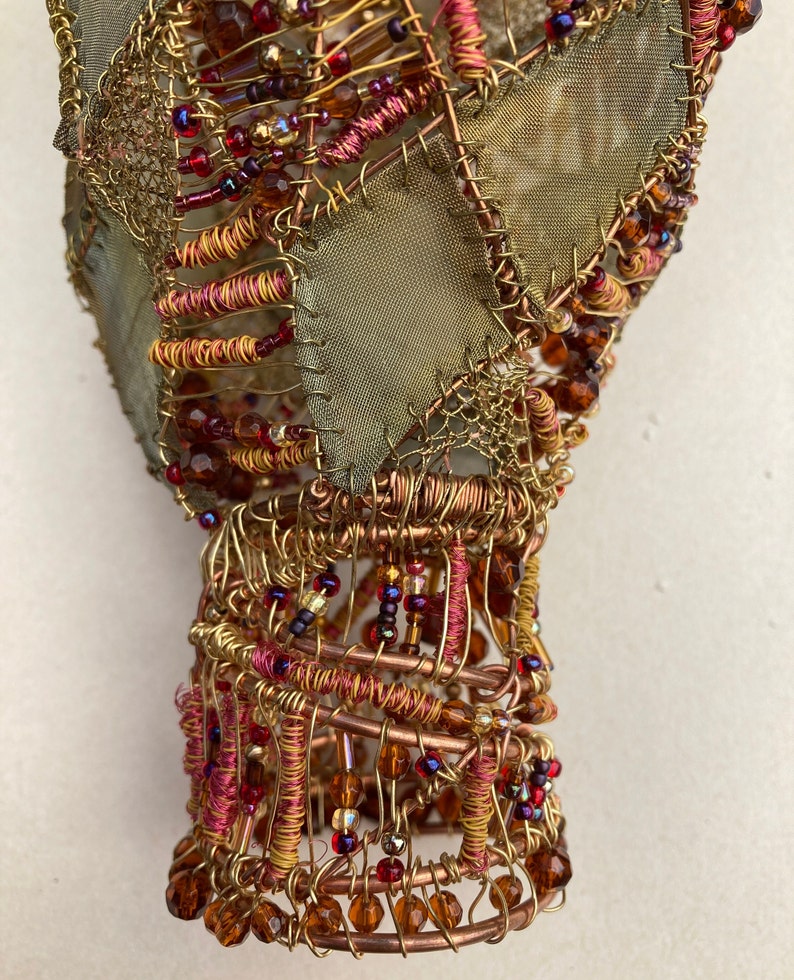 Gold Beaded Vessel With Copper Wire Frame, Metallic Fabric Inserts and ...