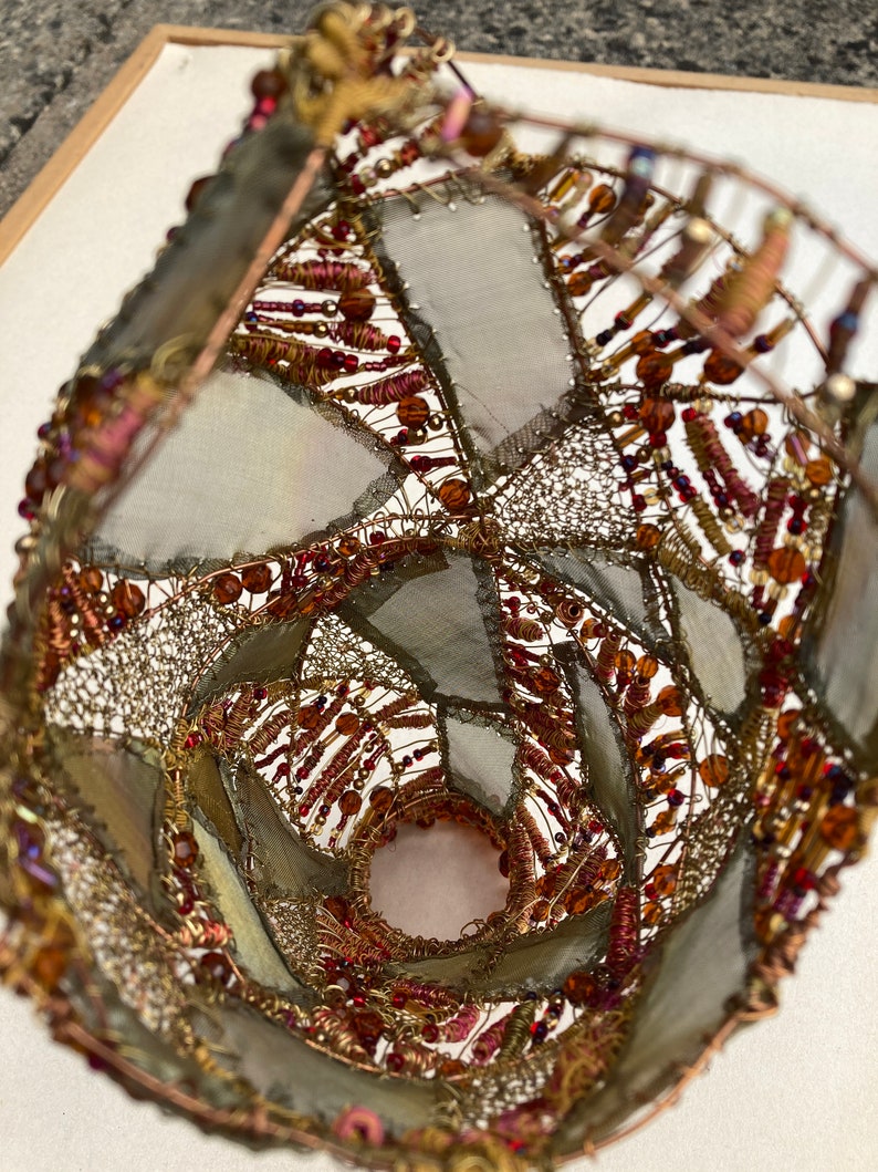 Gold Beaded Vessel With Copper Wire Frame, Metallic Fabric Inserts and ...