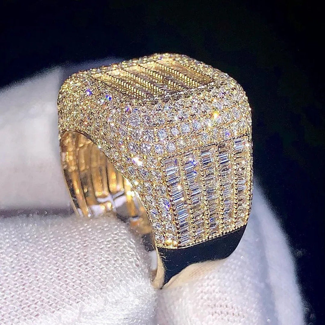 14K Yellow Gold Custom Champion Ring | Iced Out Baguette Diamond Hip ...