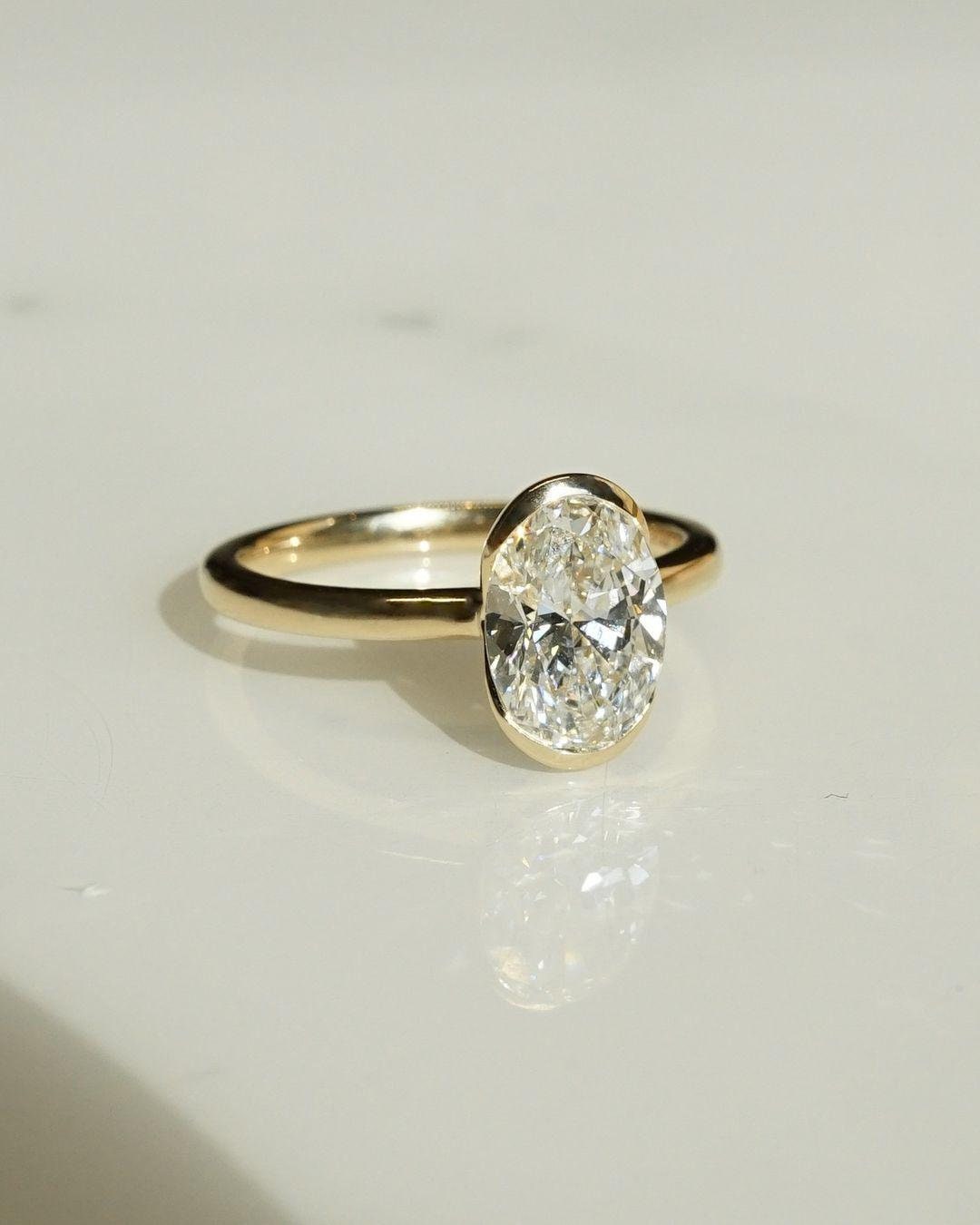 Simple Half Bezel Set Proposal Ring, Oval Cut Moissanite Engagement ...