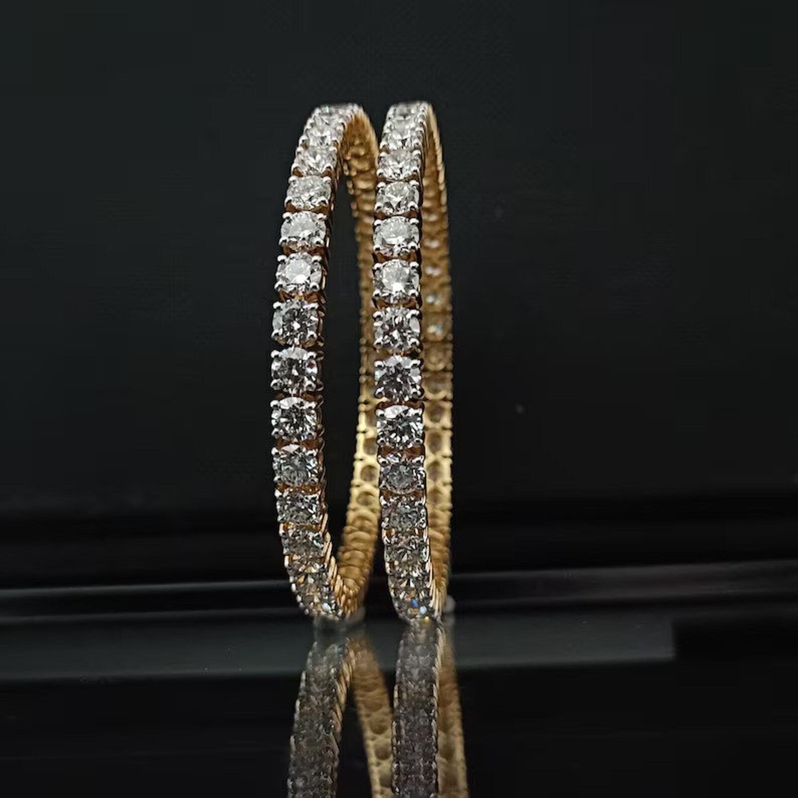 32.25ctw. 18k Yellow Gold Round Cut Lab Grown Diamond Bangles Pair ...