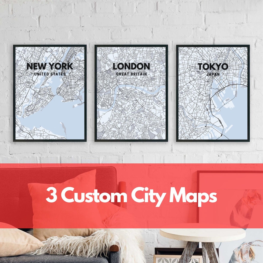 3 Personalized Set City Maps, Any City Map Prints, Custom Location ...