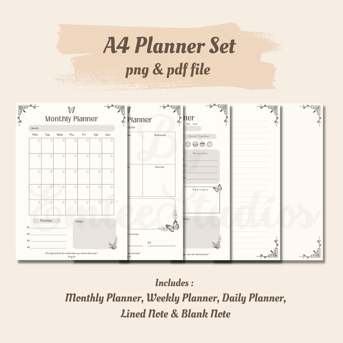 A4 Journal/planner Printable Set vintage Butterfly Themed PNG, PDF File ...