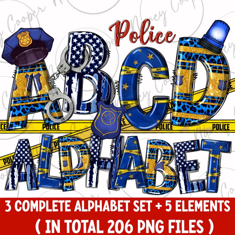 Police Alphabet Png Files Bundle, Police Doodle Letters Png, Glitter ...