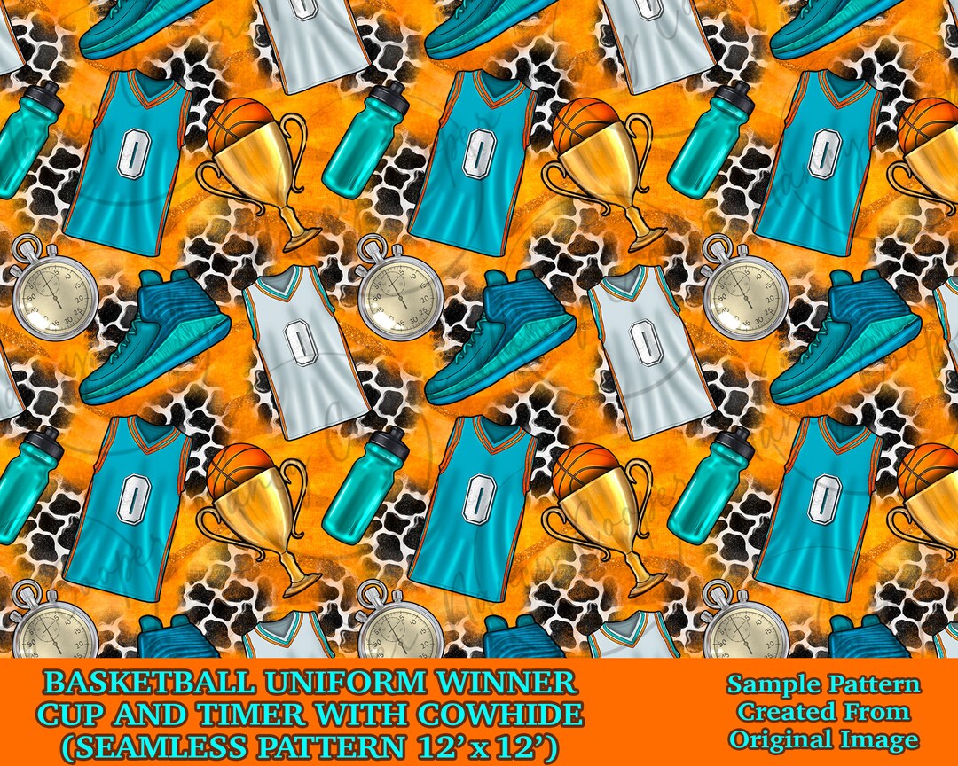 Basketball Uniform Winner Cup and Timer With Cowhide Seamless Pattern ...