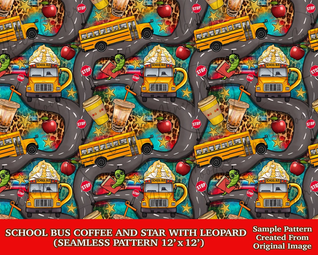 School Bus Coffee and Star With Leopard Seamless Pattern Digital Paper ...
