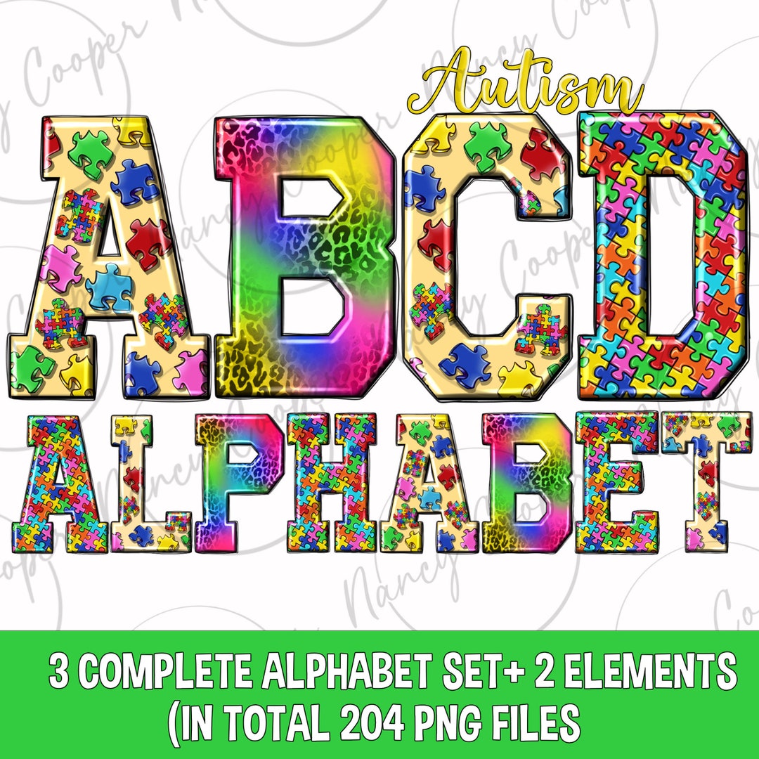 Autism Alphabet Png Files Bundle, Autism Doodle Letters Png, Western ...