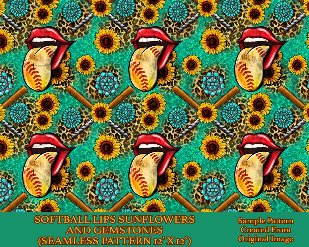 Softball Lips Sunflowers and Gemstones Seamless Pattern Digital Paper ...
