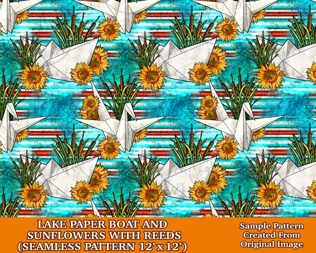Lake Paper Boat and Sunflowers With Reeds Seamless Pattern Digital ...