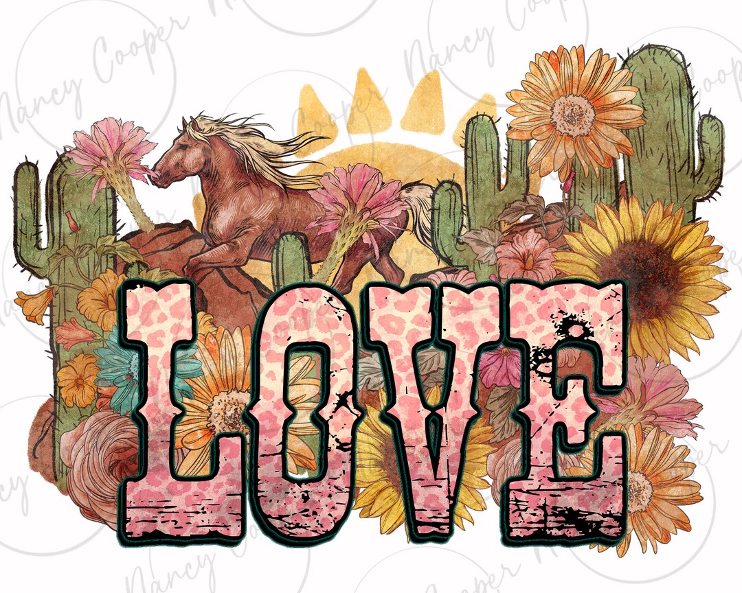 Love Horse Western Floral Png Sublimation Design Download, Hand Drawn ...