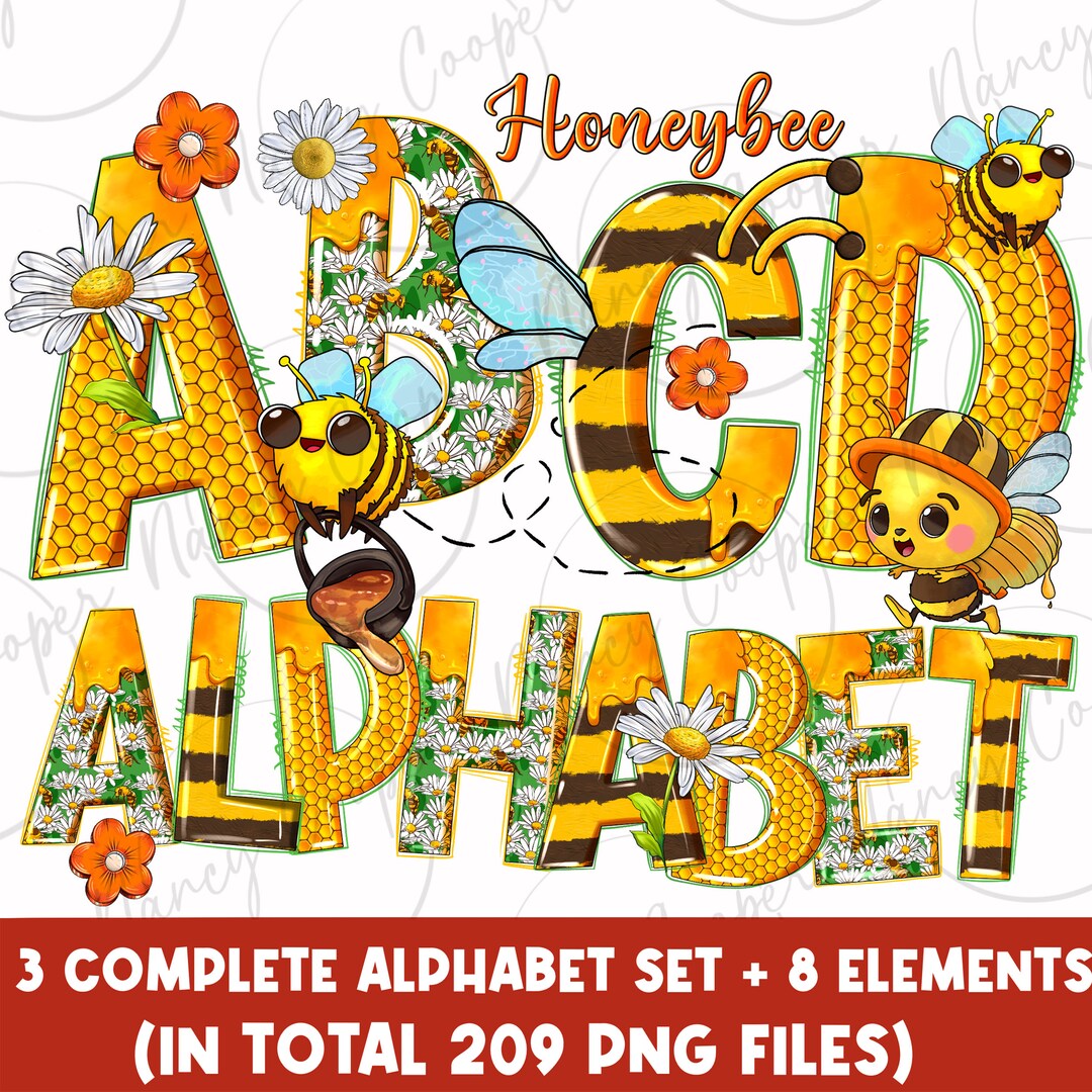 Daisy Honey Bee Alphabet Bundle Png, Bee Png, Honey Doodle Letters Png ...