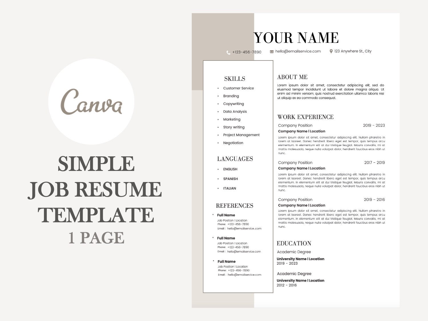 Professional Resume Template | Editable CV Template | Simple Canva ...