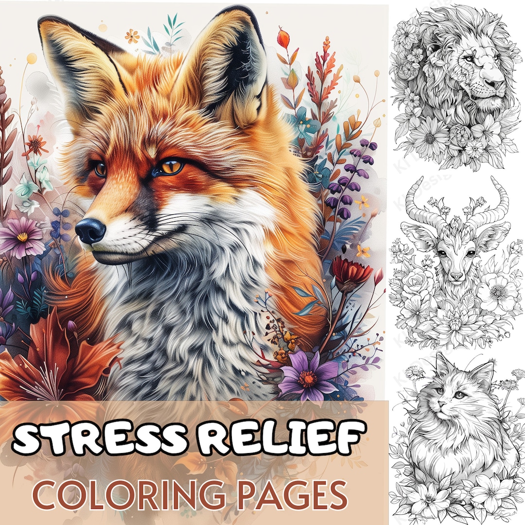 Stress Relief Coloring Pages for Adults, With Animals and Flowers ...