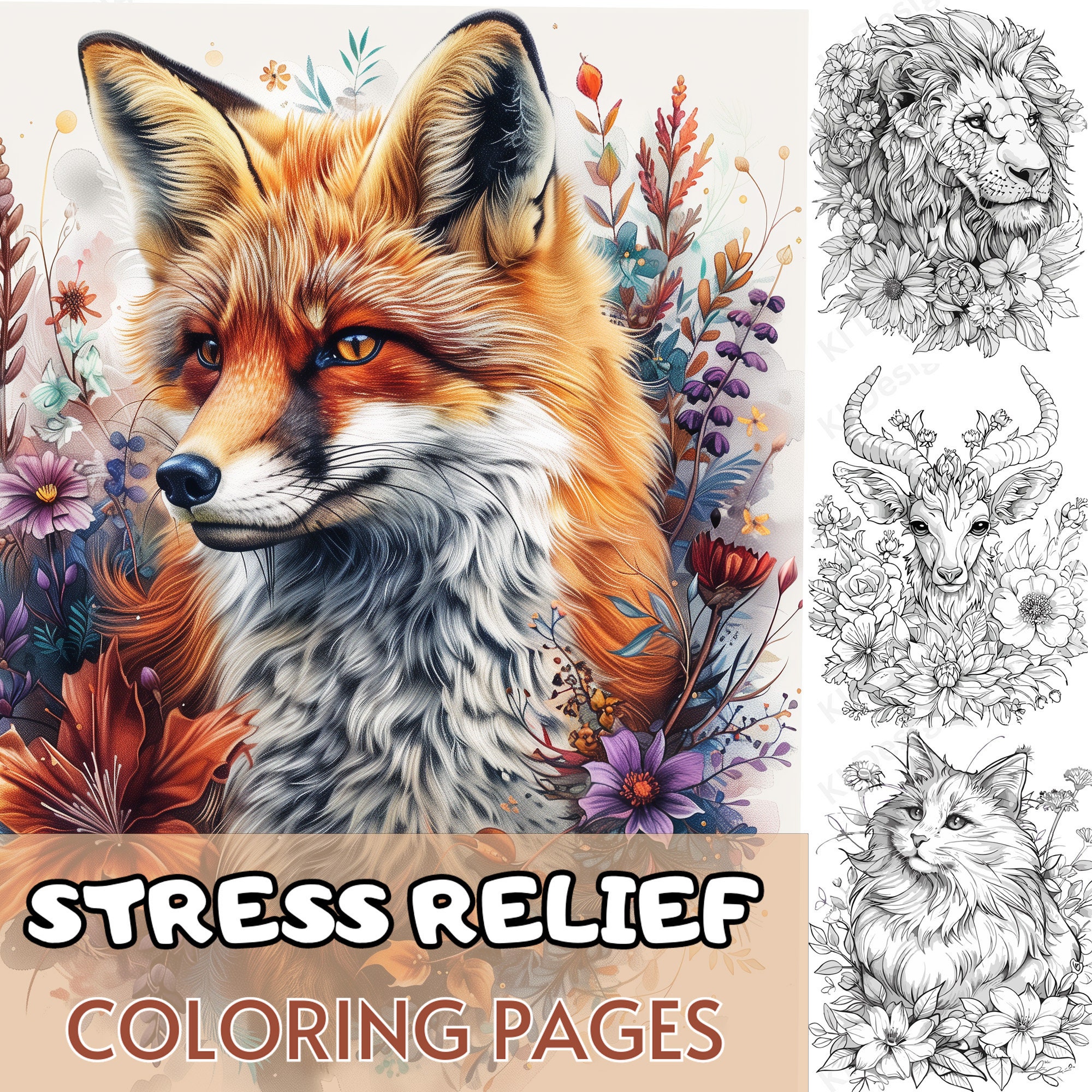 Stress Relief Coloring Pages for Adults, With Animals and Flowers ...