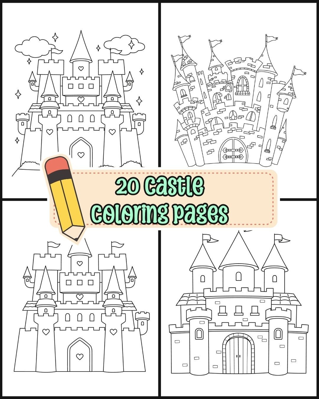 20 Pages: Castle Digital Coloring Pages, Coloring Book, Printable ...