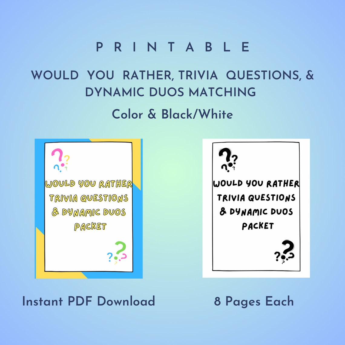Printable Would You Rather Trivia Questions and Dynamic Duos Packet - Etsy