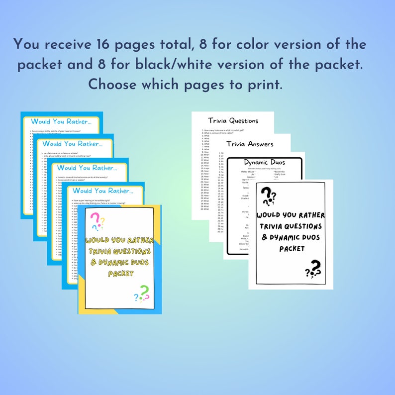 Printable Would You Rather Trivia Questions and Dynamic Duos Packet - Etsy
