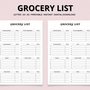 Simple Grocery List Printable Template, Grocery Planner Insert, Food ...