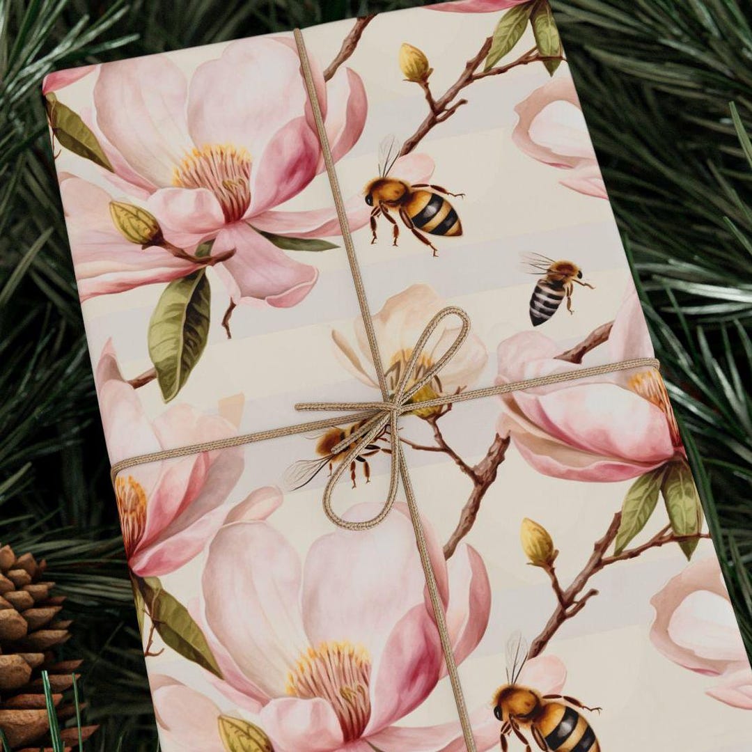 Magnolia Flowers Wrapping Paper: Southern Bee Design, Floral Gift Wrap ...