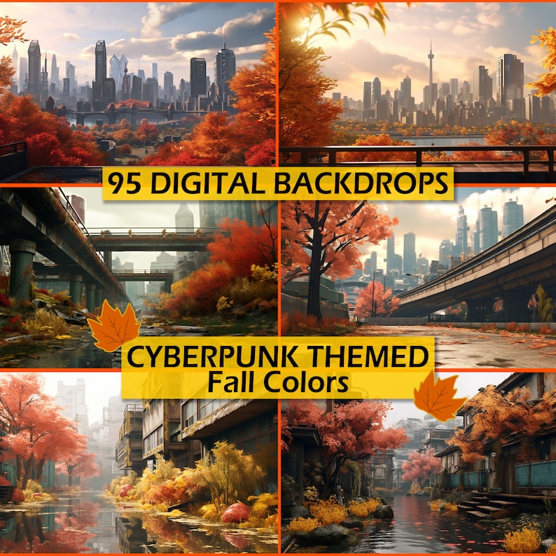 95 Cyberpunk City in Fall Autumn Colors Themed Backdrops, Digital ...