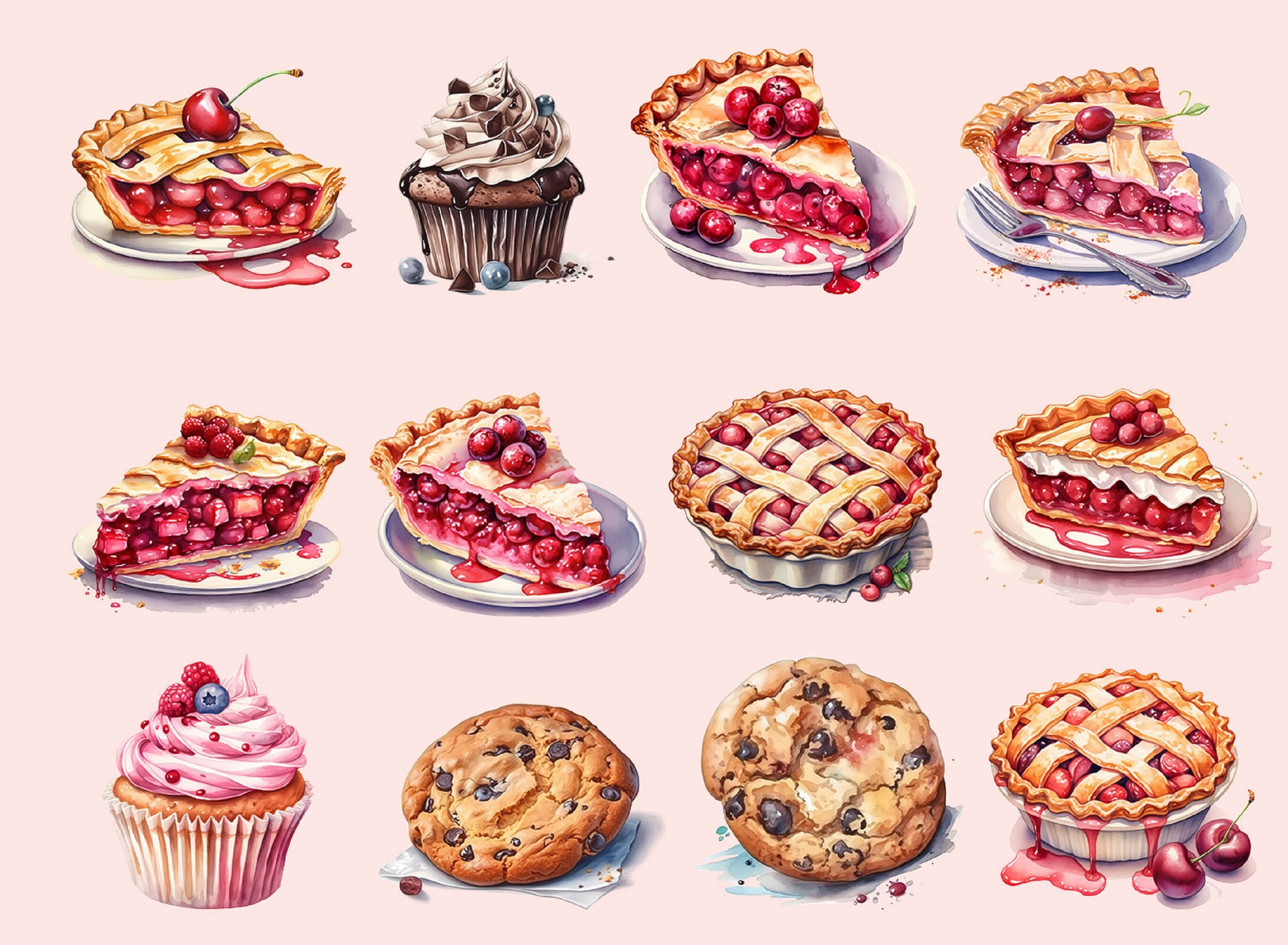 Sweet Treats Watercolor Clipart Bundle Tasty Desserts Donuts Cookies ...